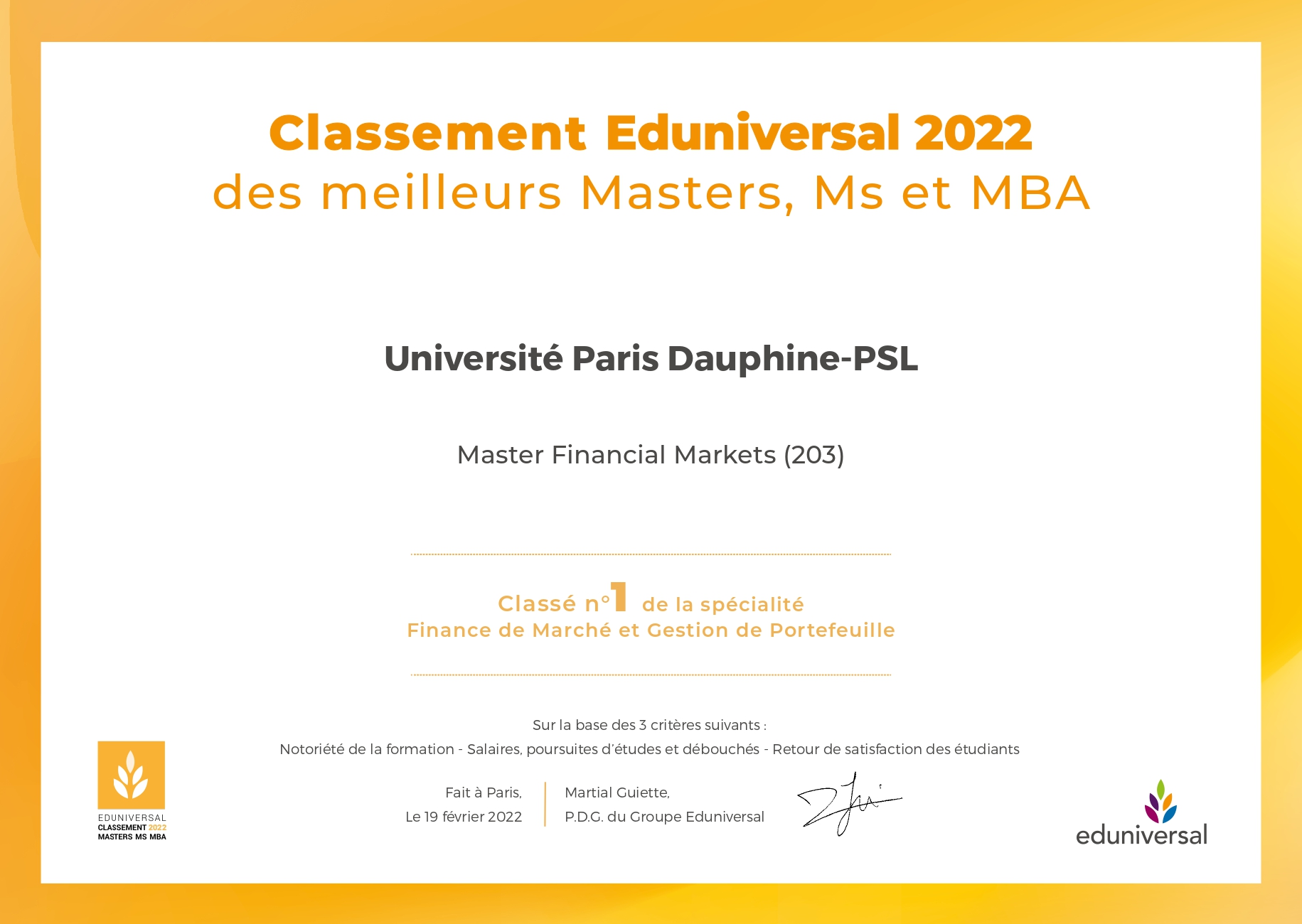 Classements Eduniversal 2022: Le 203 1er en France, 2è en Europe • Stratéfi 203